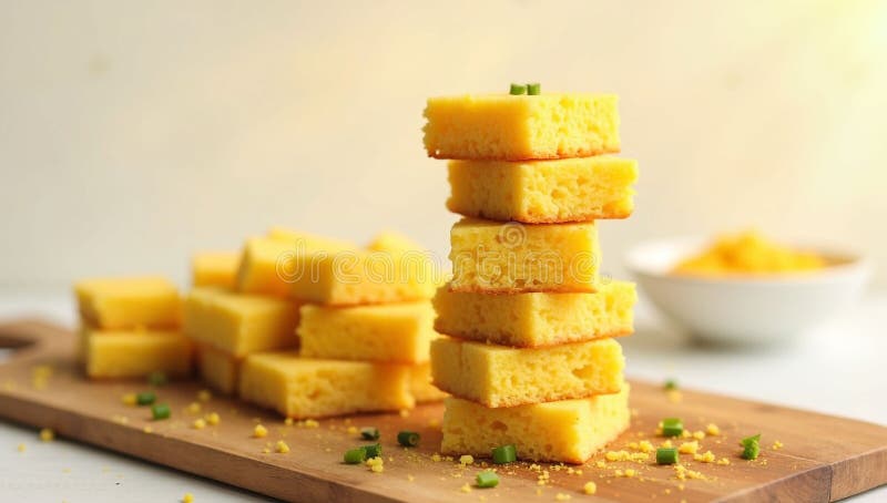 A Stack of Cornbread Squares on a Wooden Board with a Bowl of Cheese in ...