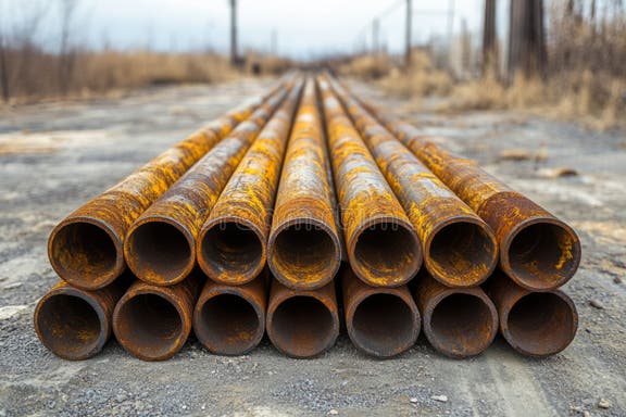 Stack of Corroded Industrial Pipes Left Outdoors, Highlighting the ...