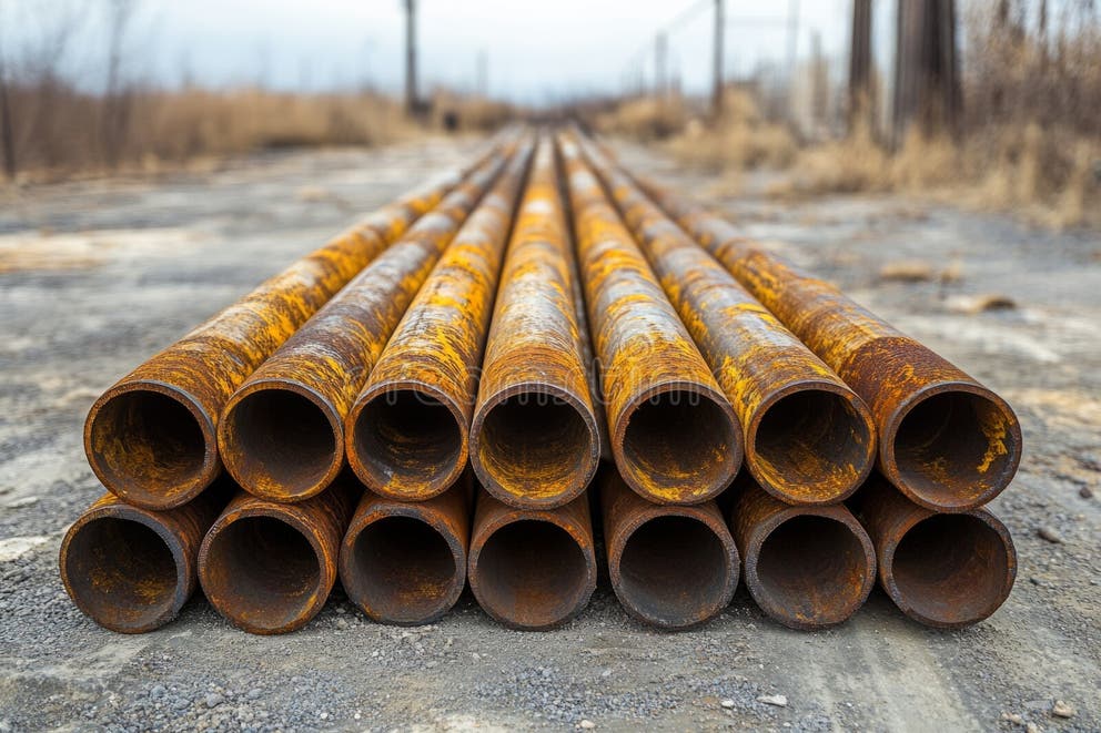 Stack of Corroded Industrial Pipes Left Outdoors, Highlighting the ...