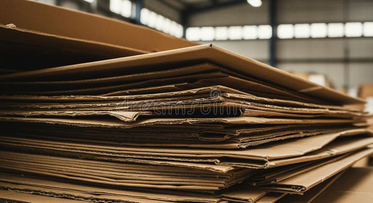 A Stack of Corrugated Cardboard Sheets Lies in an Industrial Warehouse ...