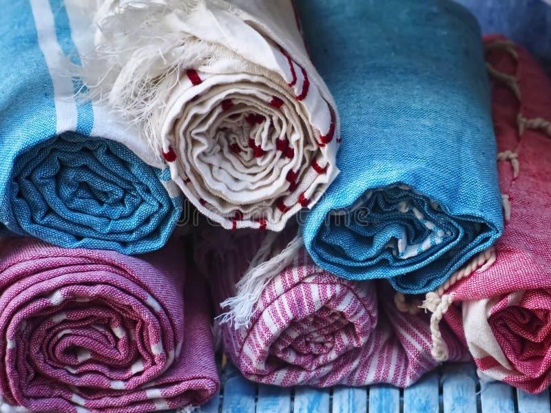 Stack of Cotton Beach Towels on a Board Stock Photo - Image of board ...
