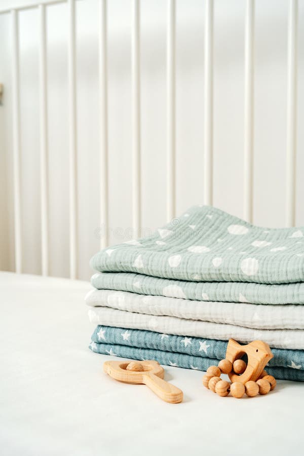 Stack of Cotton Blankets for a Newborn in a Cradle Close Up Stock Photo ...