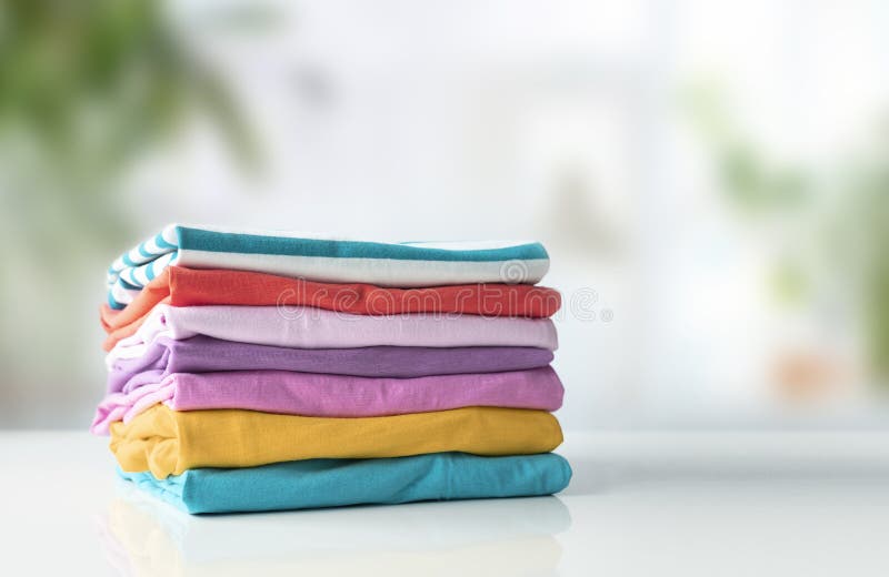 Stack of Cotton Colorful Clothes on White Table Empty Copy Space ...