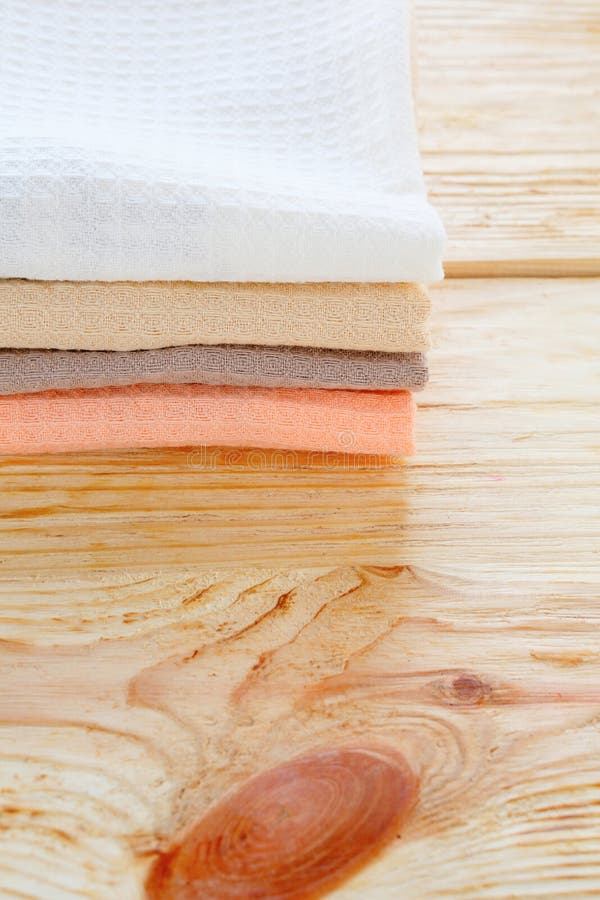 Stack of Cotton Kitchen Towel on Wooden Table Stock Photo - Image of ...