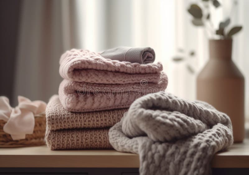 Stack of Cotton and Knitted Colorful Clothes on the Table. Stacked and ...