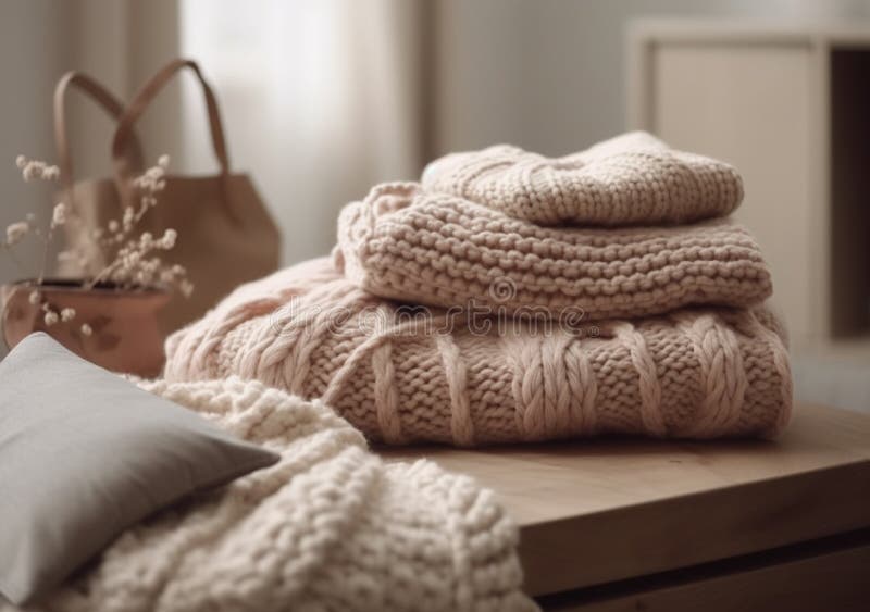 Stack of Cotton and Knitted Colorful Clothes on the Table. Stacked and ...