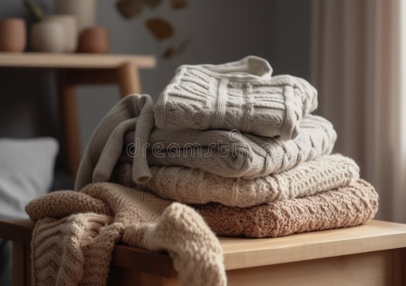 Stack of Cotton and Knitted Colorful Clothes on the Table. Stacked and ...