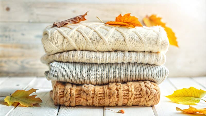 Cozy Folded Knit Sweaters with Autumn Leaves on Wooden Surface Stock ...