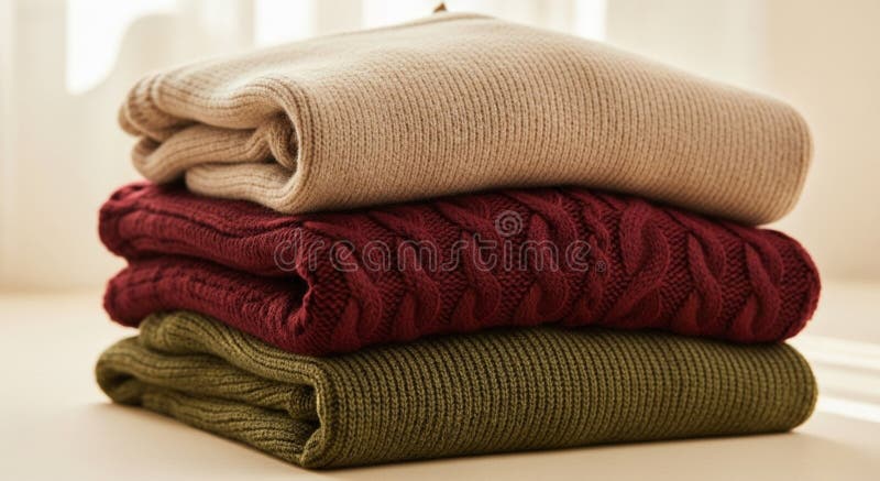 A Stack of Cozy Folded Sweaters in Different Textures on a Smooth Cream ...