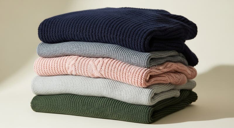 A Stack of Cozy Folded Sweaters in Different Textures on a Smooth Cream ...