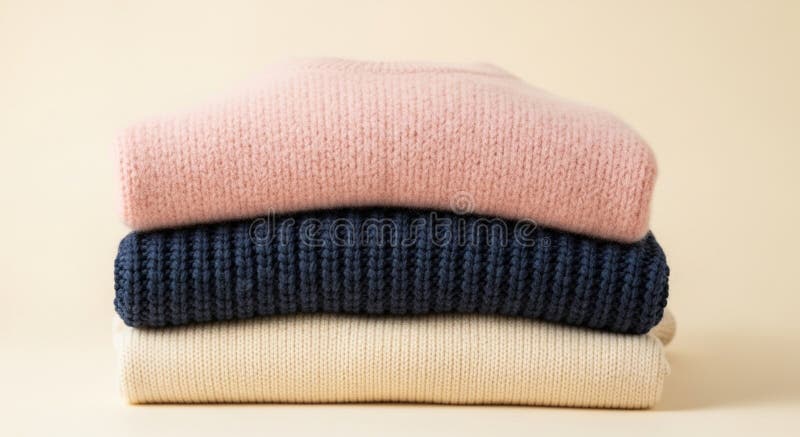 A Stack of Cozy Folded Sweaters in Different Textures on a Smooth Cream ...