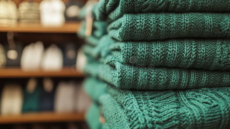 Stack of Cozy Green Knit Sweaters on Display Stock Illustration ...