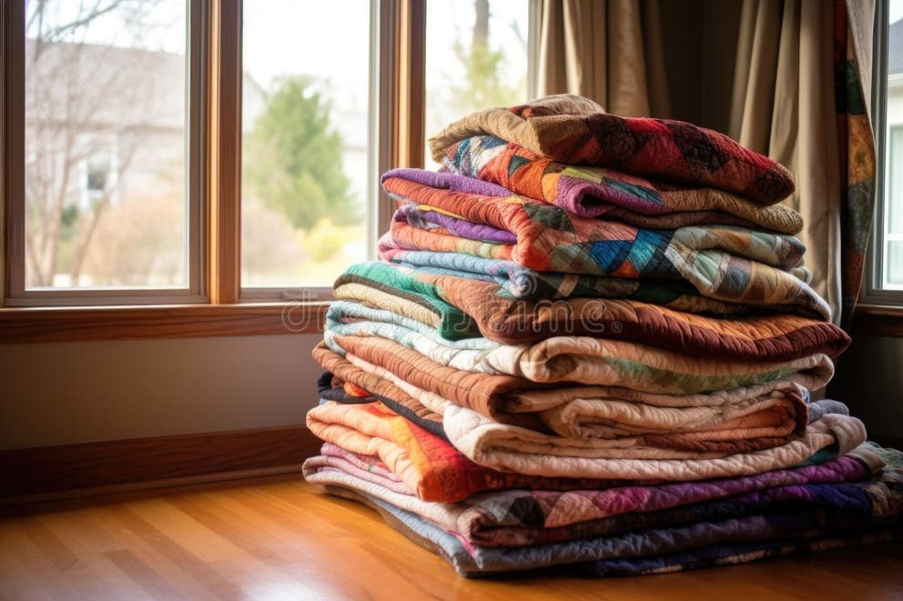 Stack of Cozy Handmade Quilts in Soft Natural Light Stock Illustration ...