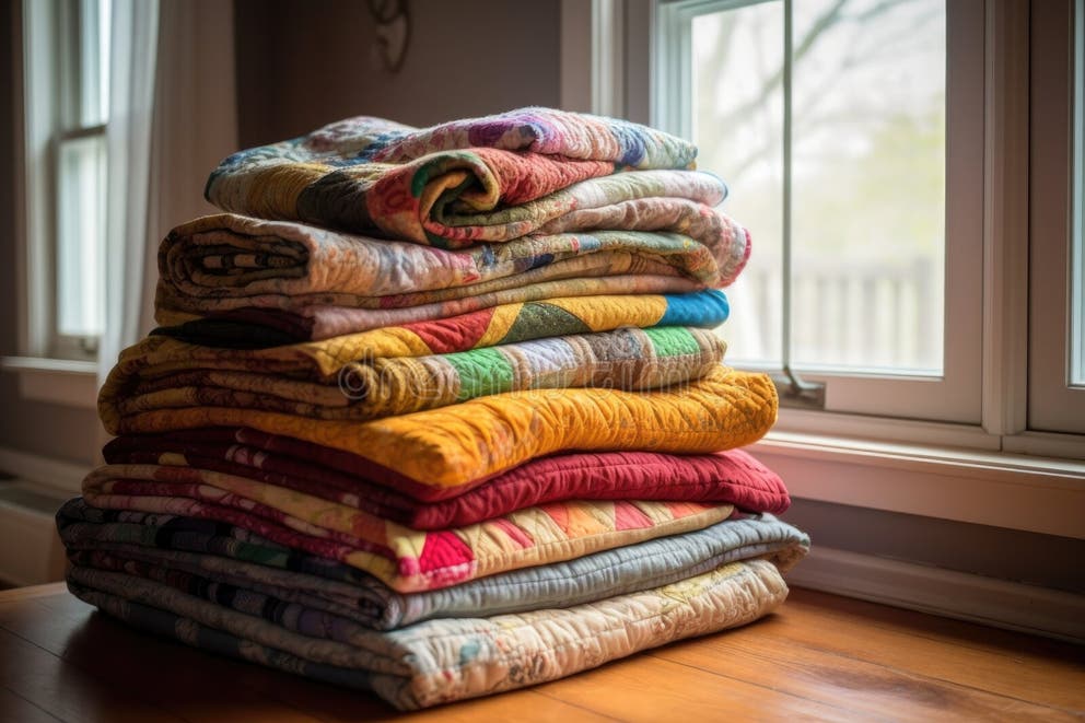 Stack of Cozy Handmade Quilts in Soft Natural Light Stock Illustration ...