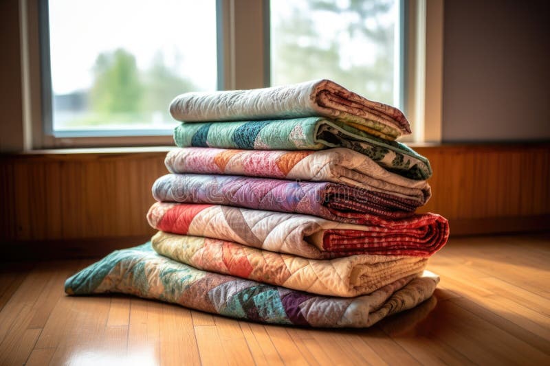 Stack of Cozy Handmade Quilts in Soft Natural Light Stock Illustration ...