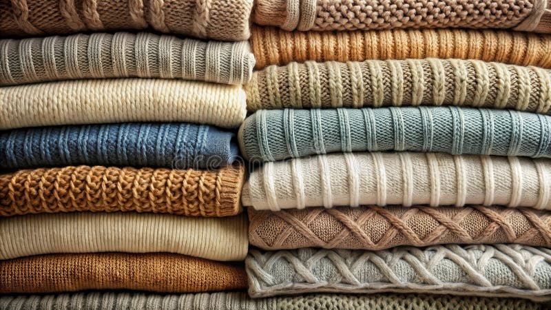 A Stack of Cozy Knit Sweaters in Various Neutral Colors and Textures ...