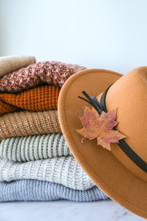 Stack of Cozy Knitted Warm Sweater with Autumn Fall Maple Leaf and ...
