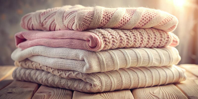 A Stack of Cozy, Pastel-colored Knit Sweaters on a Wooden Surface ...