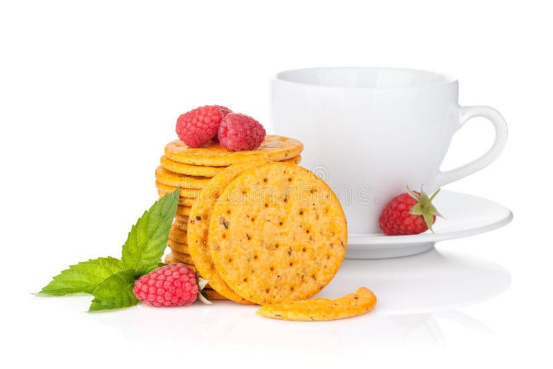 Stack of Crackers with Mint, Berries and Cup of Drink Stock Photo ...