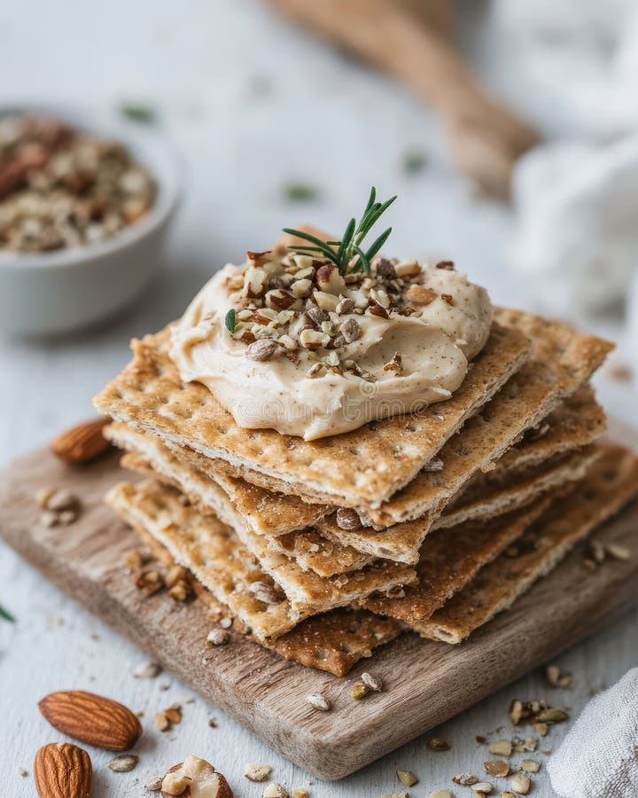 A Stack of Crackers Topped with Creamy Spread and Nuts, Served on a ...