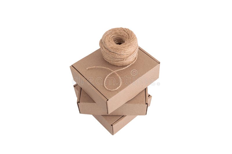 Stack of Craft Paper Boxes and Coil of Rope Isolated on White Stock ...