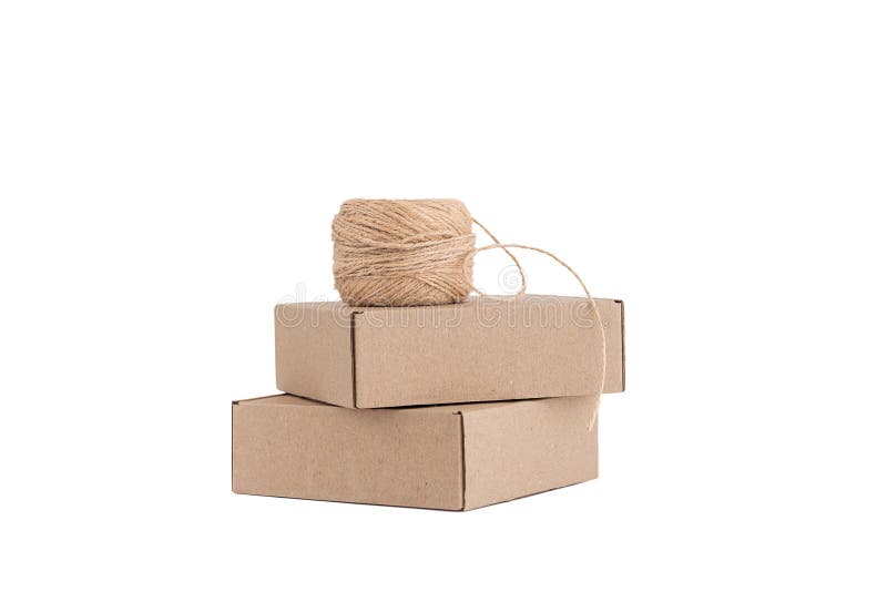 Stack of Craft Paper Boxes and Coil of Rope Isolated on White Stock ...