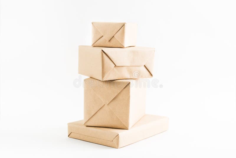 Stack of Craft Wrapped Boxes for Delivery Stock Photo - Image of paper ...