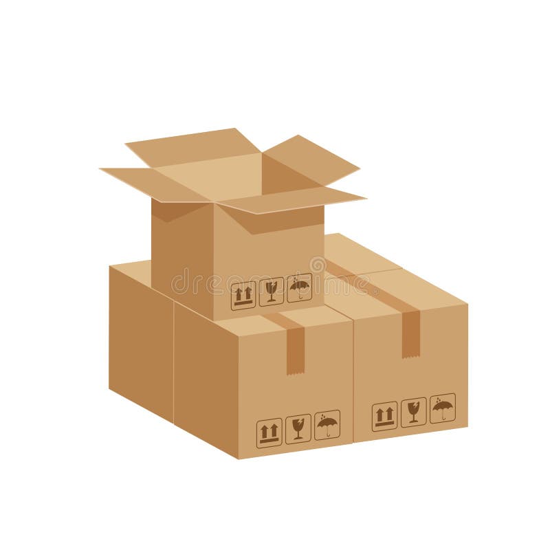 Stack Crate Boxes Brown and Box Open Isolated on White, Cardboard Box ...
