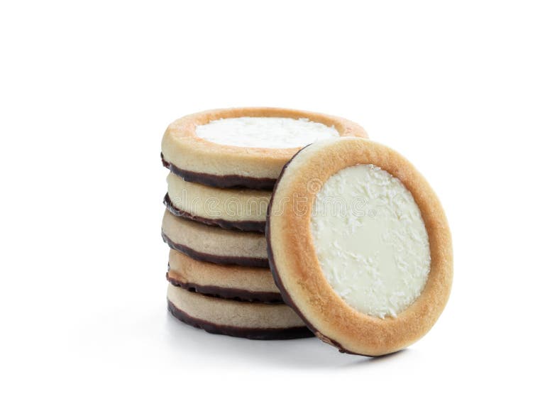 Stack of Cream and Coconut Filling Biscuits Isolated on White Stock ...