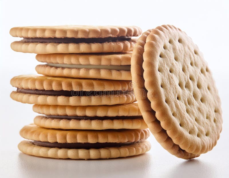 A Stack of Cream-filled Biscuits, One Cookie Standing Upright beside ...