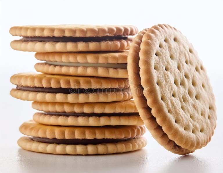 A Stack of Cream-filled Biscuits, One Cookie Standing Upright beside ...