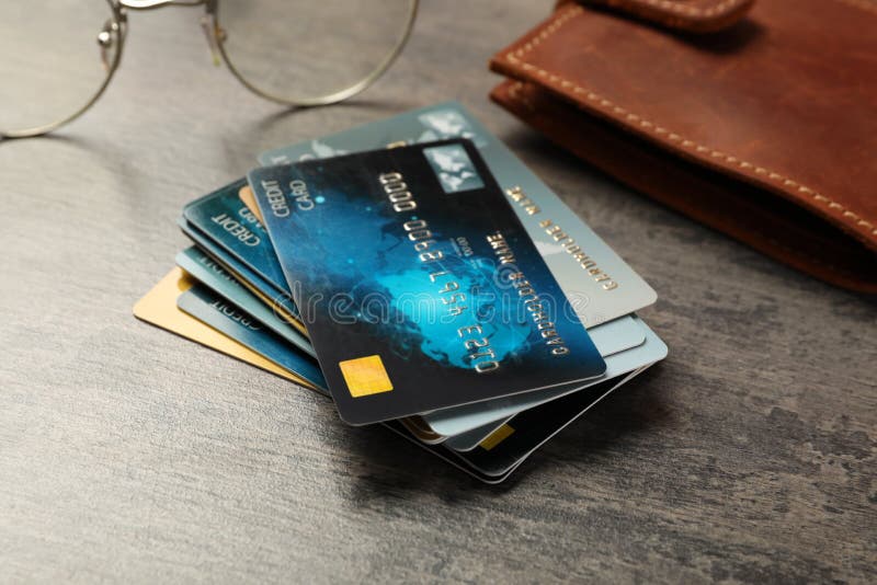 Stack of Credit Cards on Grey Table Stock Image - Image of buying, bank ...