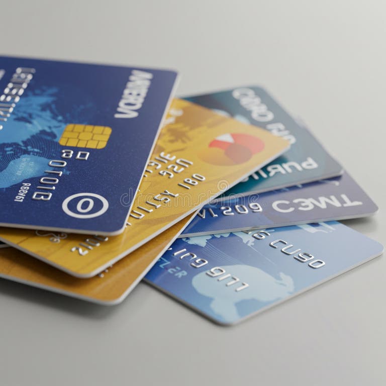 Stack of Credit Cards on a Light Surface. Cards Feature Embossed ...