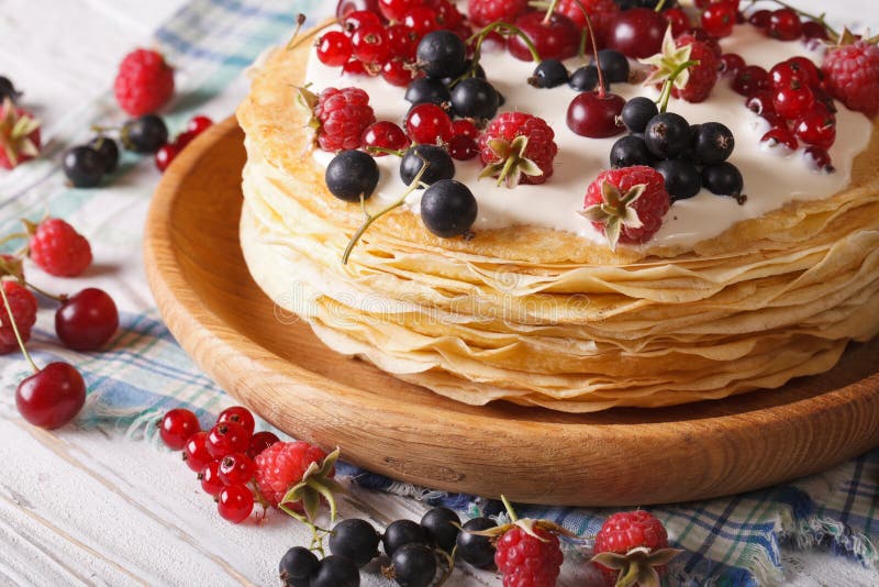 Stack Crepes with Berries Close-up on a Plate. Horizontal Stock Image ...