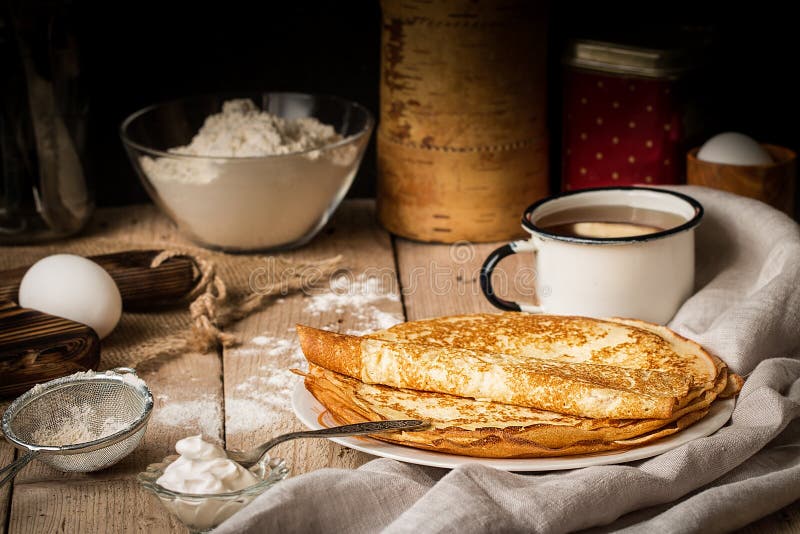 Stack of Crepes and Ingredients for Cooking on a Table. Stock Image ...