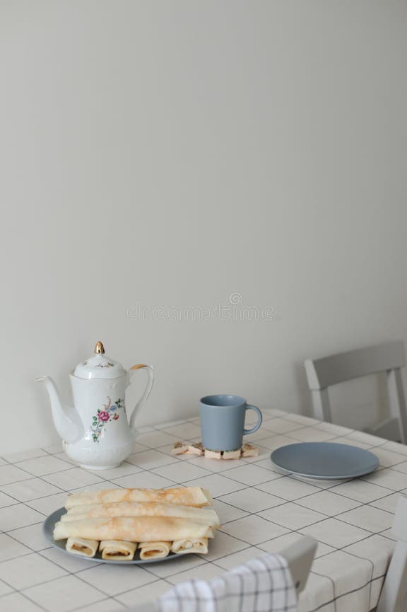 Stack of Crepes on Kitchen Table. Pancakes for Breakfast, Food ...