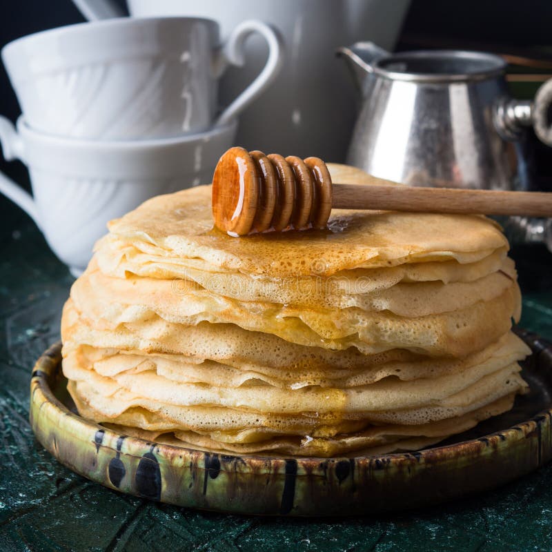 Stack of Crepes with Poured Honey Stock Image - Image of teapot, french ...