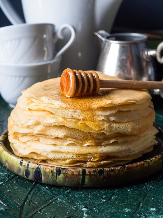 Stack of Crepes with Poured Honey Stock Image - Image of food, sweet ...