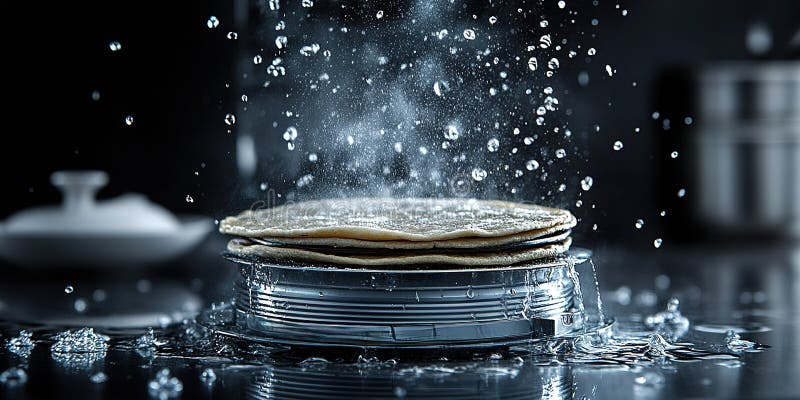 Stack of Crepes Receiving Splash of Water Droplets in Kitchen Stock ...