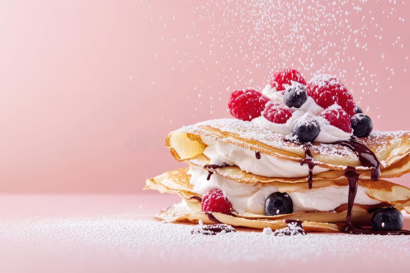 A Stack of Crepes Topped with Whipped Cream, Berries, and Powdered ...