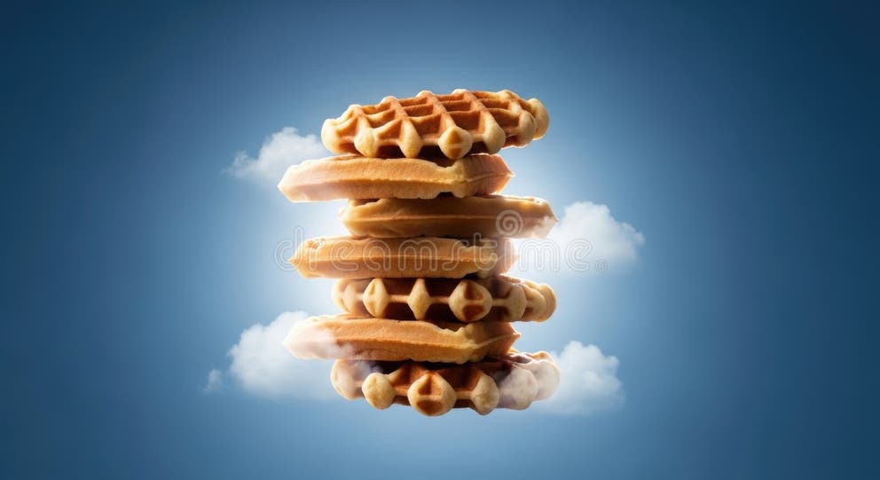 Stack of Crisp Waffles Floating Amid Soft Clouds Against Blue Sky Stock ...