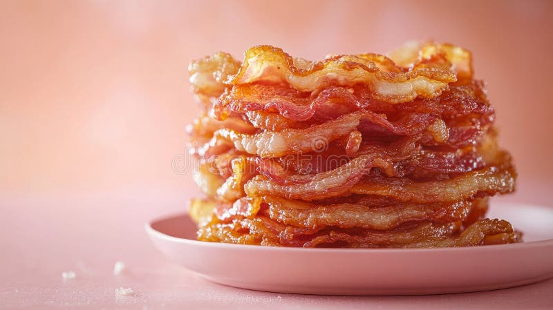 Stack of Crispy Bacon Strips on a Plate Against a Peach Background ...