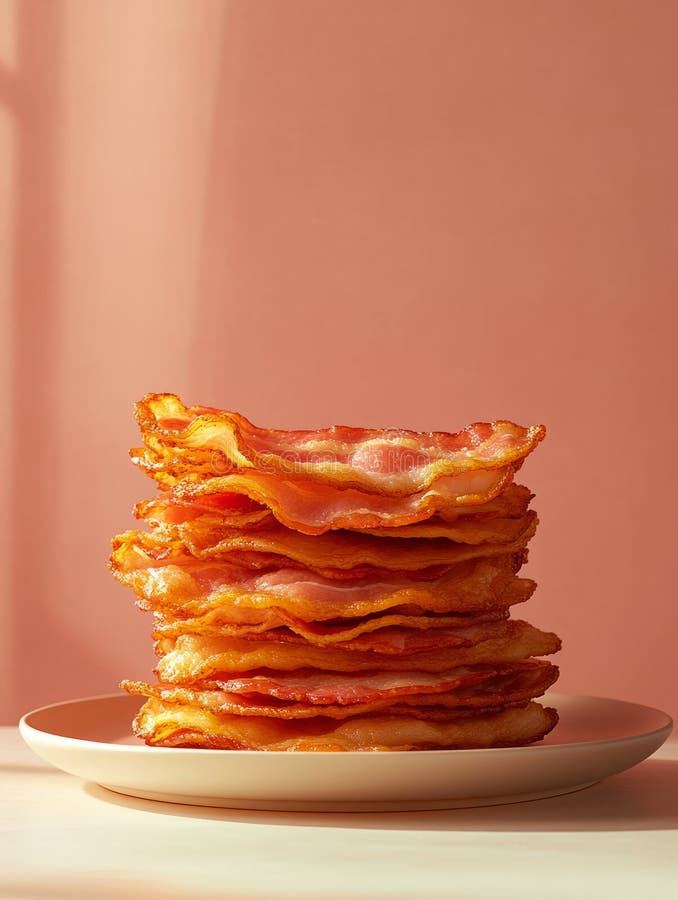 Stack of Crispy Bacon Strips on a Plate with Pink Background Stock ...