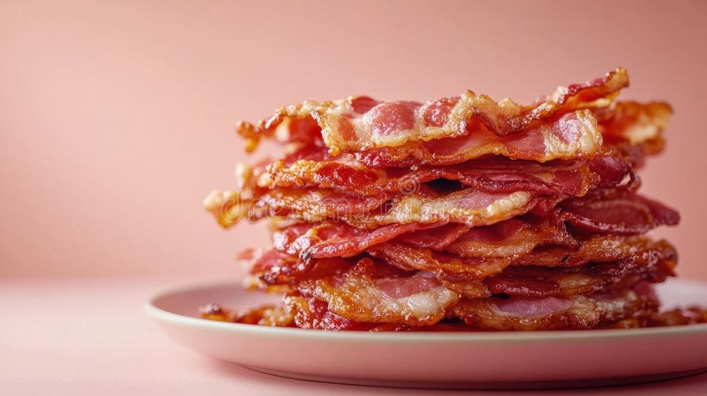Stack of Crispy Bacon Strips on a Plate with a Pink Background. Stock ...