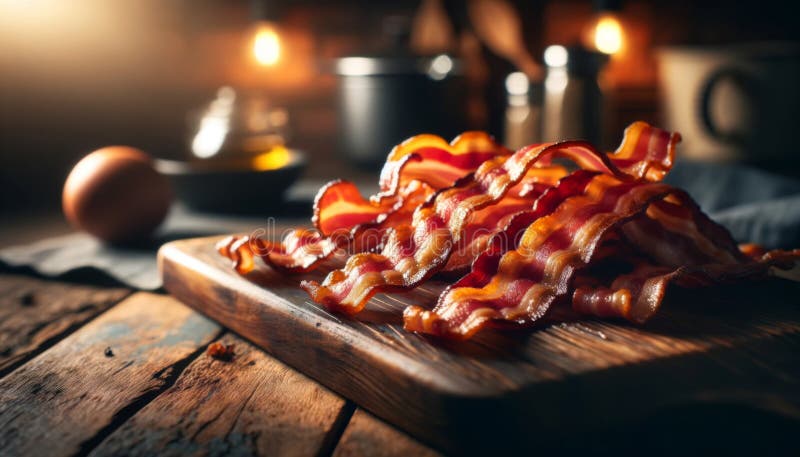 Stack of Crispy Bacon Strips on a Rustic Wooden Board with a Warm ...