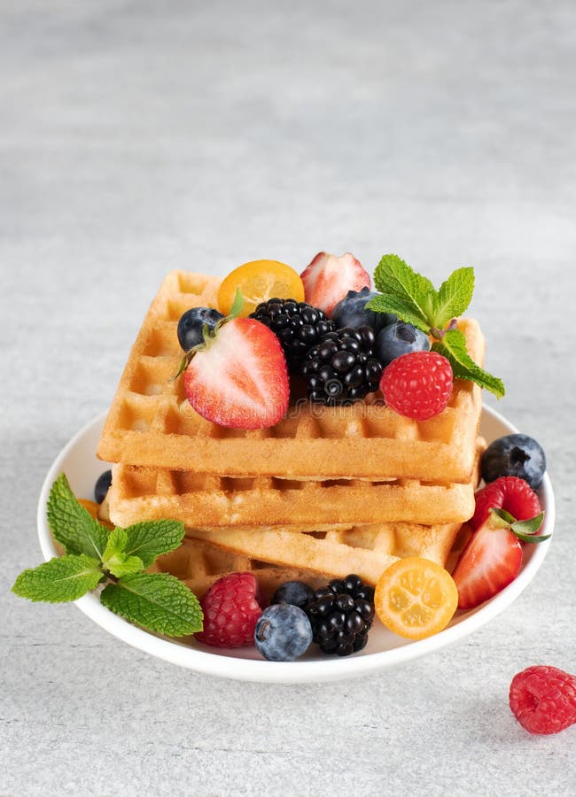 Stack of Crispy Belgian Waffles with Raspberries, Blackberries and ...