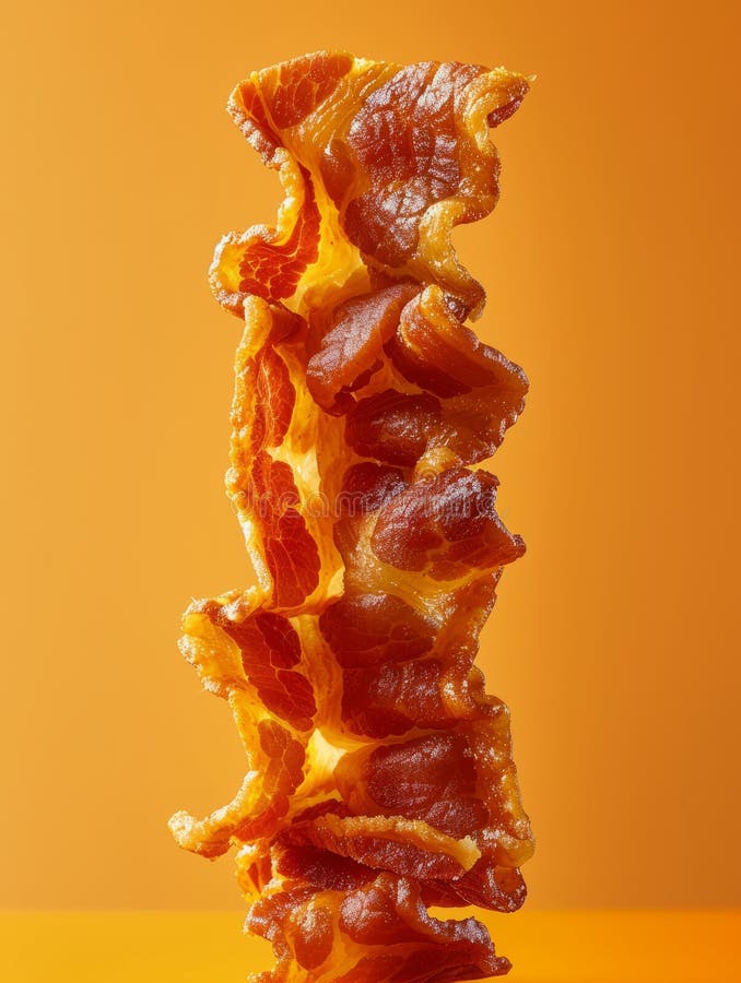 Stack of Crispy Fried Bacon Strips Against an Orange Background Stock ...