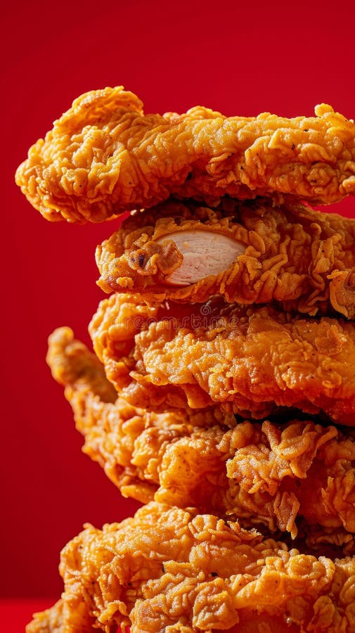 Stack of Crispy Fried Chicken Against a Red Background Stock Photo ...