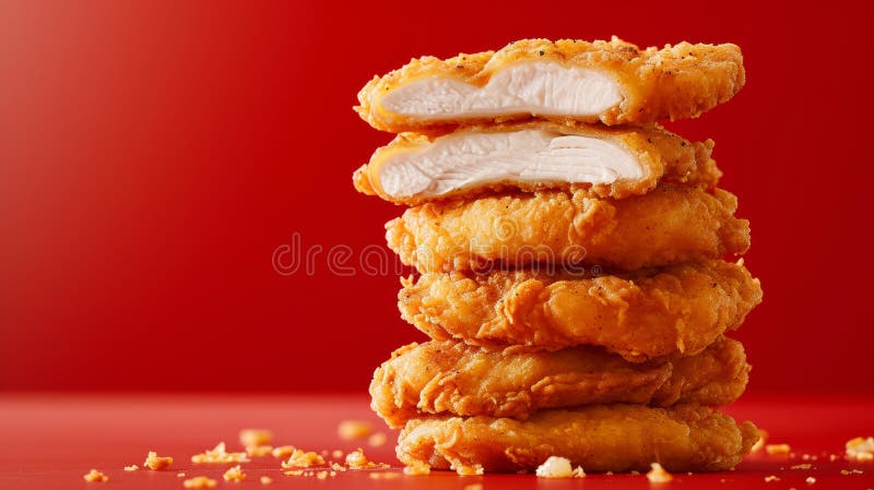 Stack of Crispy Fried Chicken Fillets on Red Background Stock Photo ...