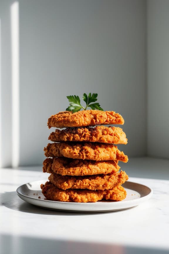 A Stack of Crispy Fried Chicken Pieces with Parsley Garnish. Stock ...